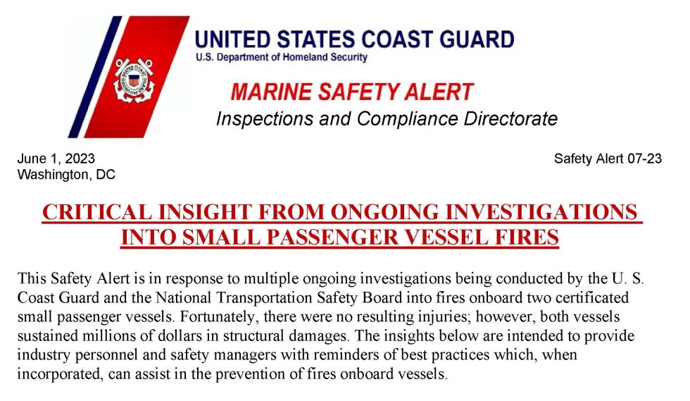 Coast Guard Issues Marine Safety Alert Regarding Fires on Small ...